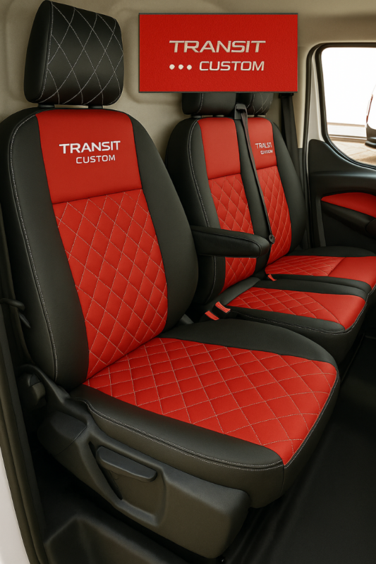 To Fit Ford Transit Custom Seat Covers – Red & Black